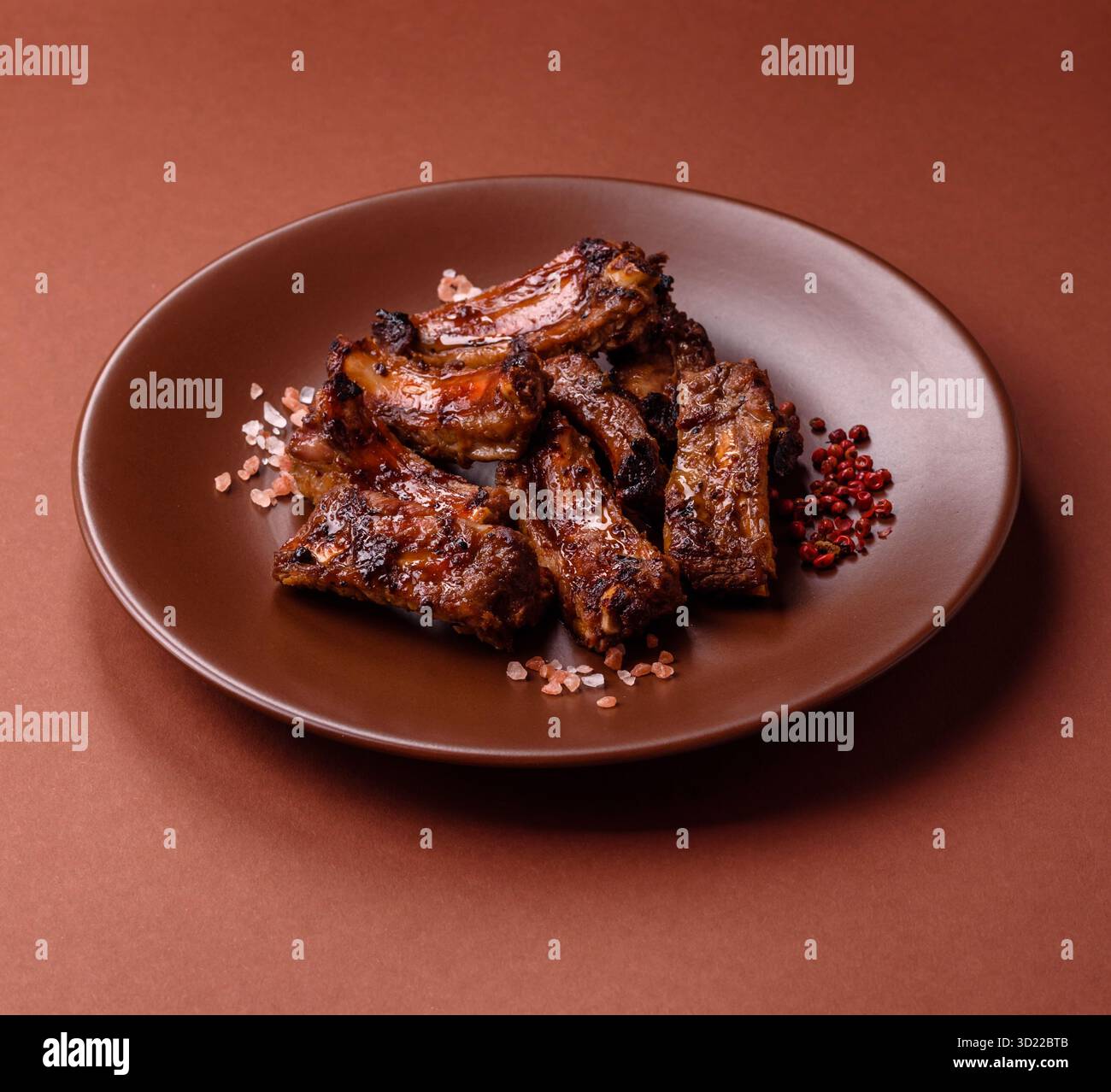 Meat, beef ribs in a marinade grilled with salt and spices. Grilled ...