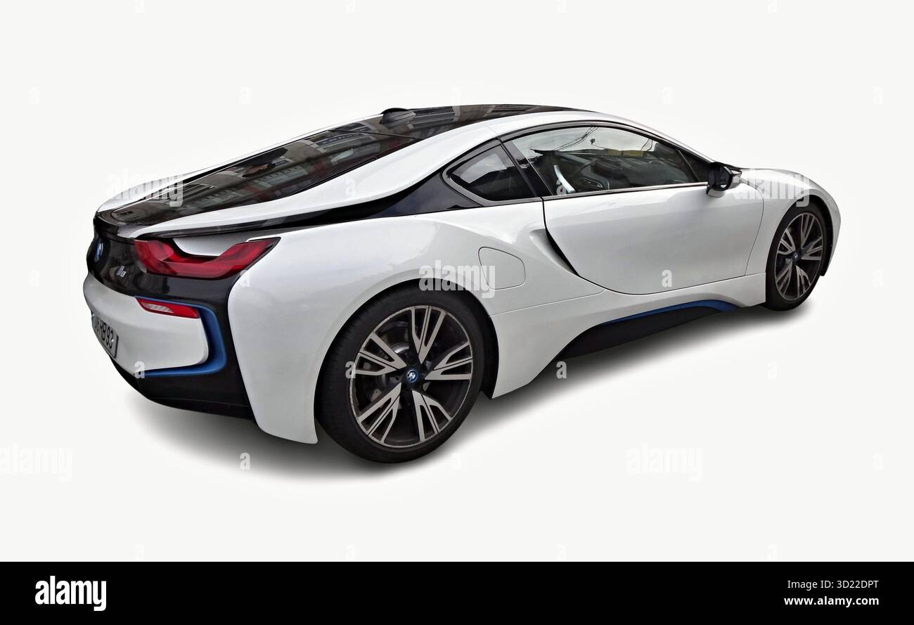 Modern white electric BMW i8 sports car parked on a white background ...