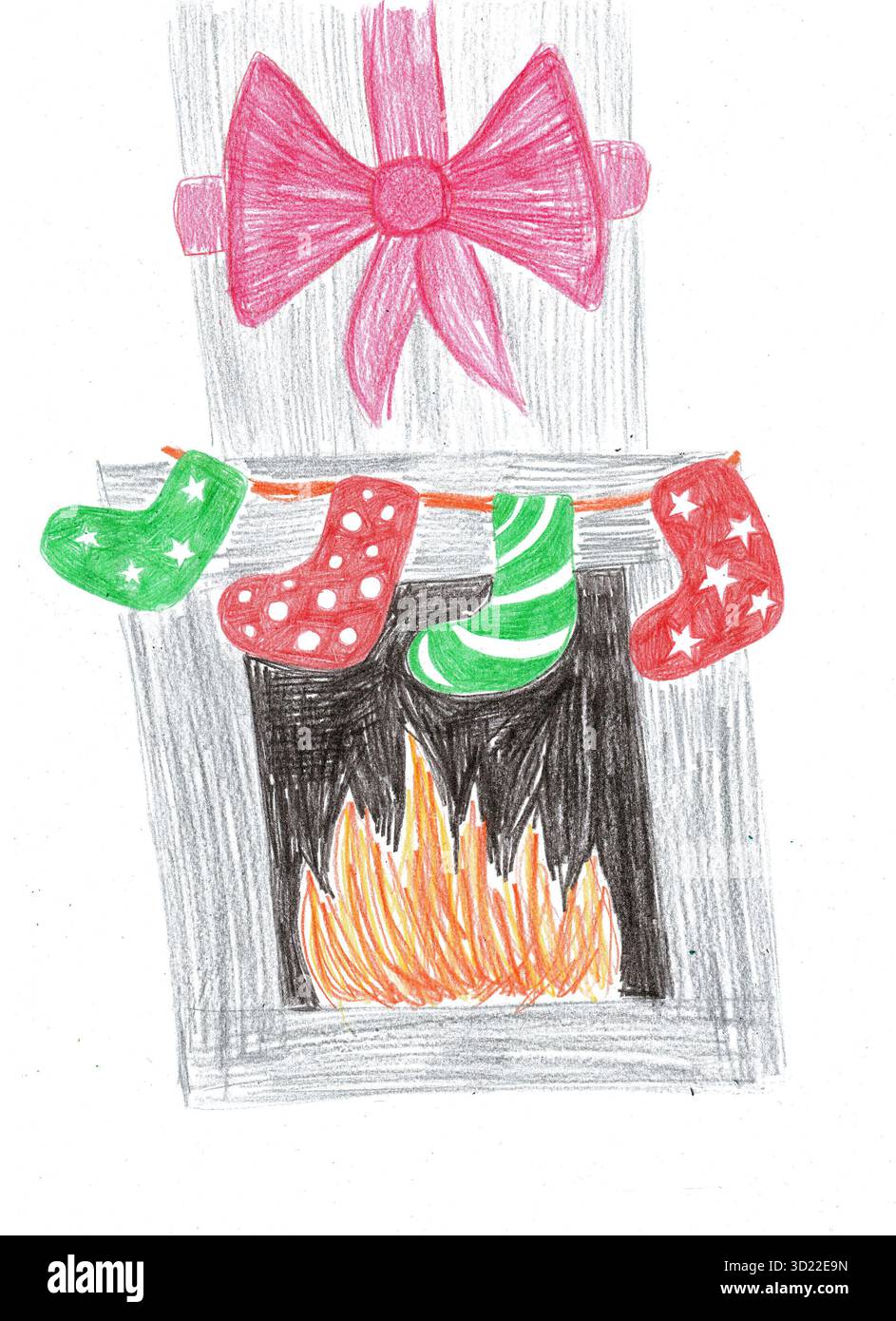 Hand drawn Christmas fireplace scene with four colorful stockings and ...