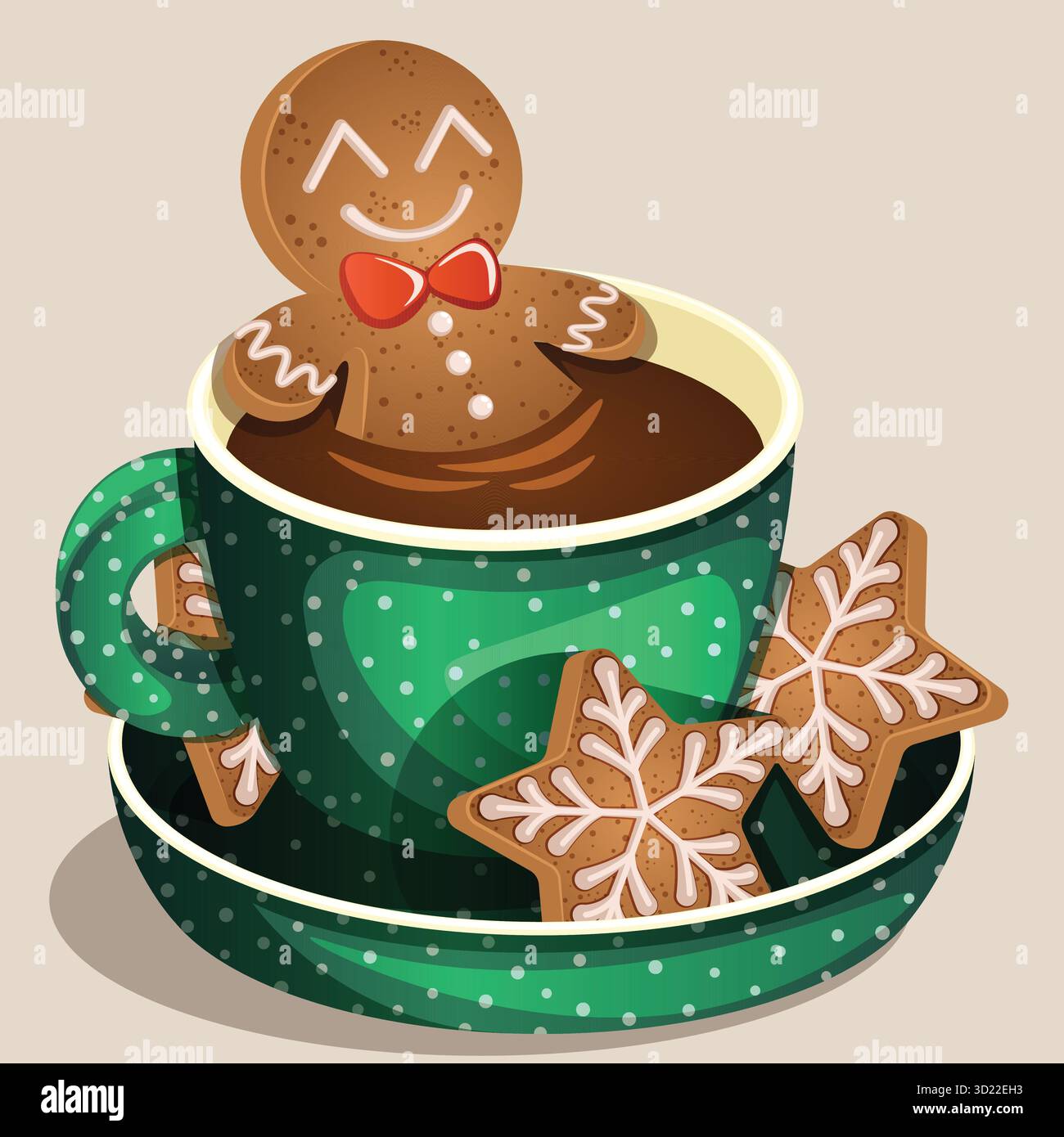 Gingerbread Man Relaxing in Hot Chocolate Polka Dotted Cup with ...