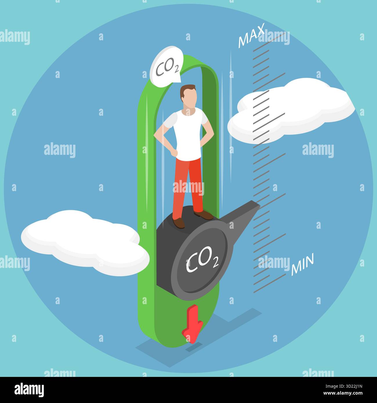 3D Isometric Flat Illustration of Zero Emission, Man Adjusting Gauge To ...