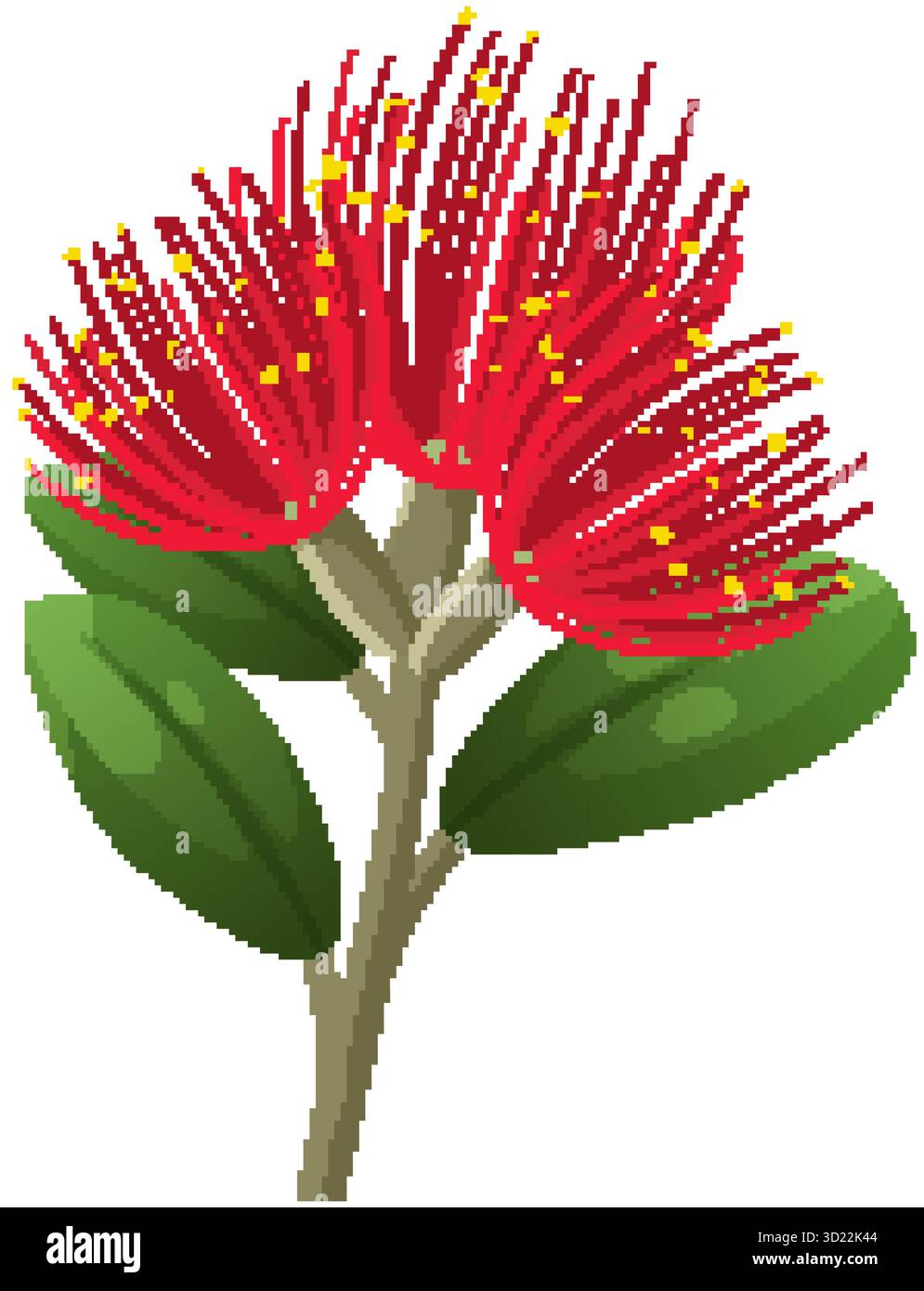 Bright red pohutukawa flower with green leaves, flat vector style ...