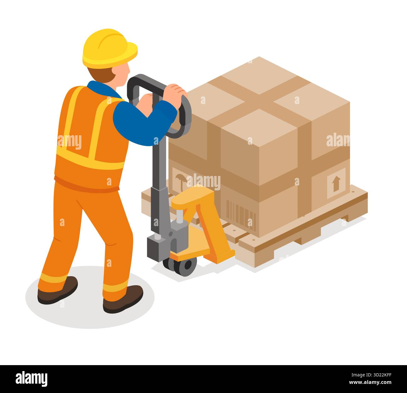 Isometric worker in orange uniform moving stacked big box on a pallet ...