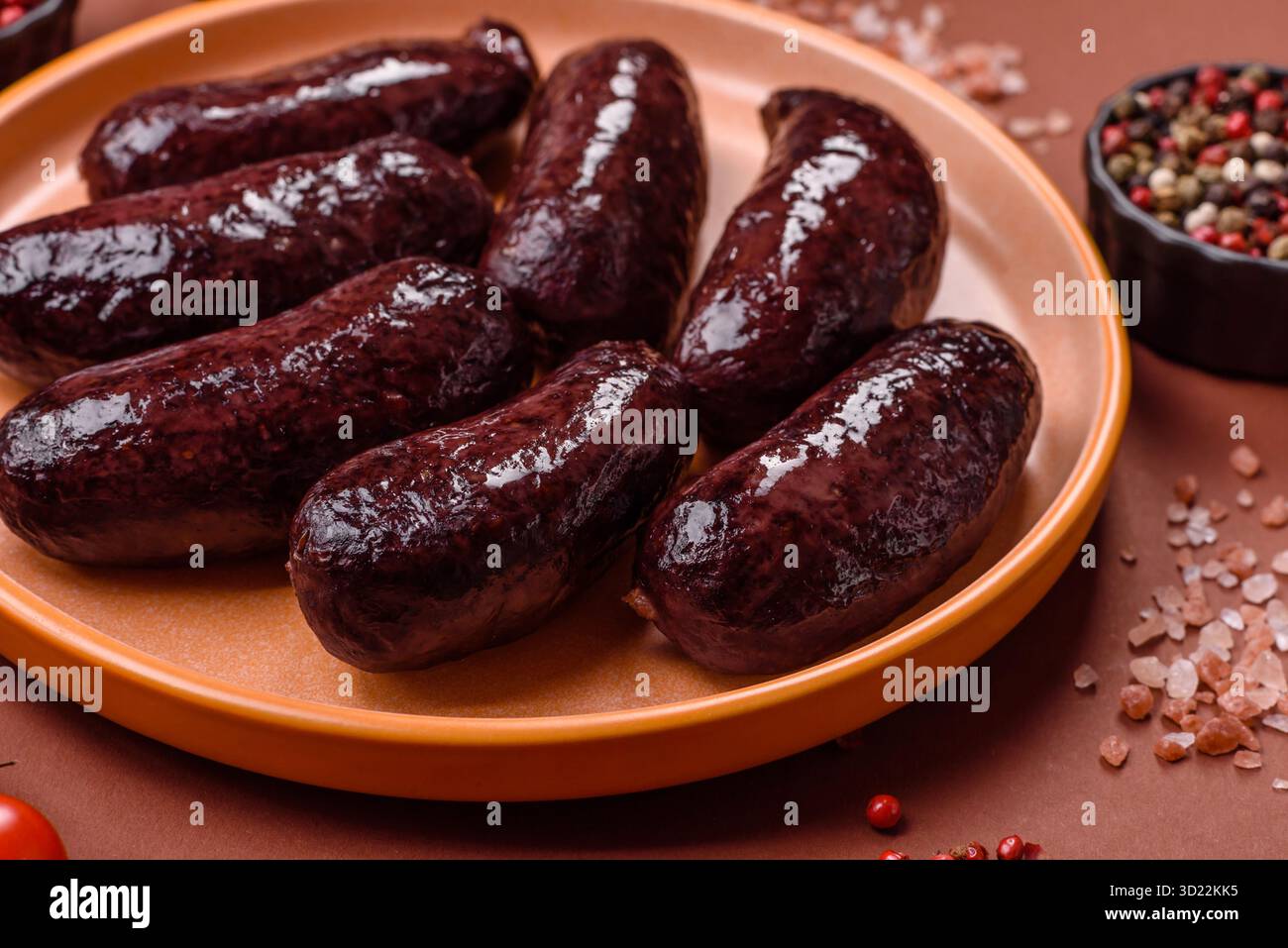 Blood sausage, pudding, meat food with lard and spices. Blood sausage ...