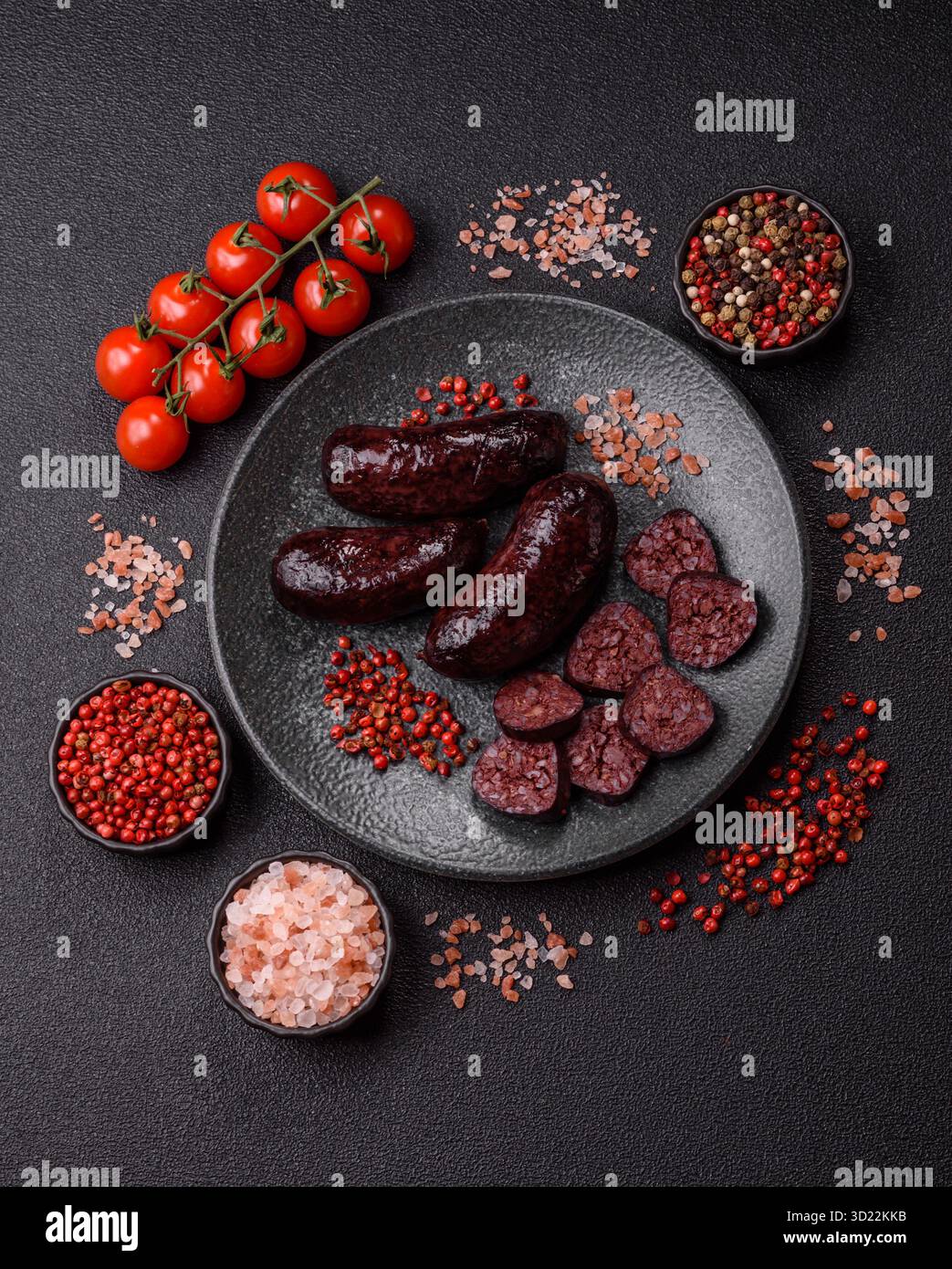 Blood sausage, pudding, meat food with lard and spices. Blood sausage ...