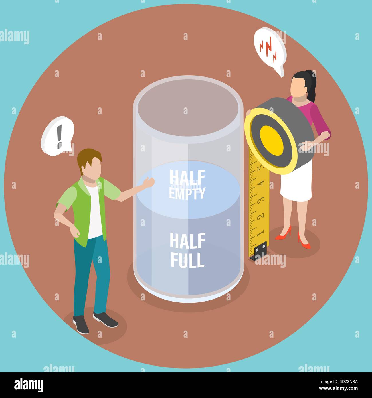 3D Isometric Flat Illustration of Optimist And Pessimist, Half Full and ...