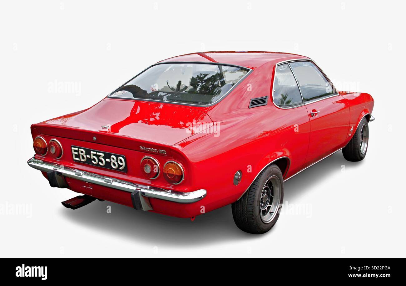 Classic red Opel Manta GT seen from the back on a white background ...