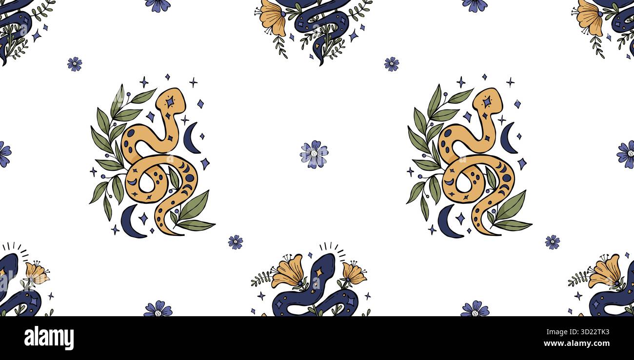 Seamless Pattern with Mystical Snakes, Moon and Flowers on White ...