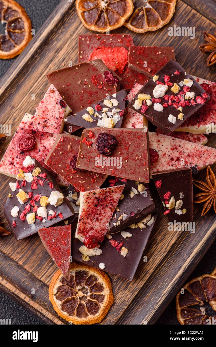 Bar sweet craft artisan chocolate with dried fruits made at home. Craft ...