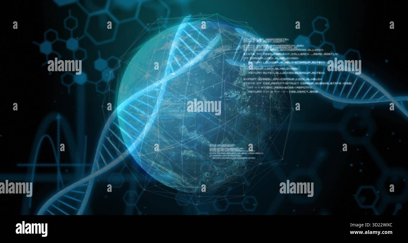 Earth globe rotating in virtual interface, with DNA helix, network grid ...