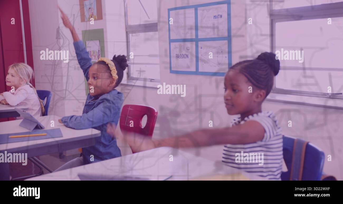 Raising arms three female students participating in classroom, with ...
