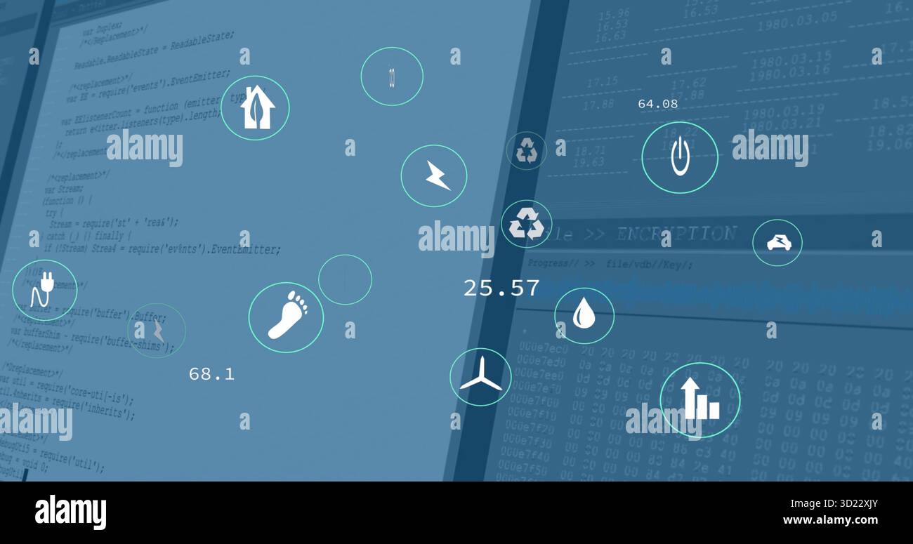 Displaying dashboard showing code and hex panels with floating icons in ...