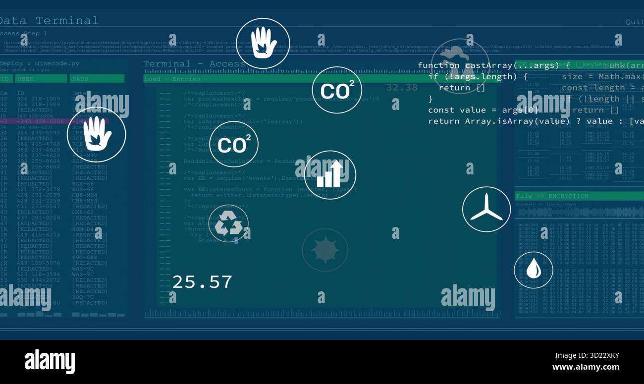 Displaying dashboard with code panels, encryption logs and ...
