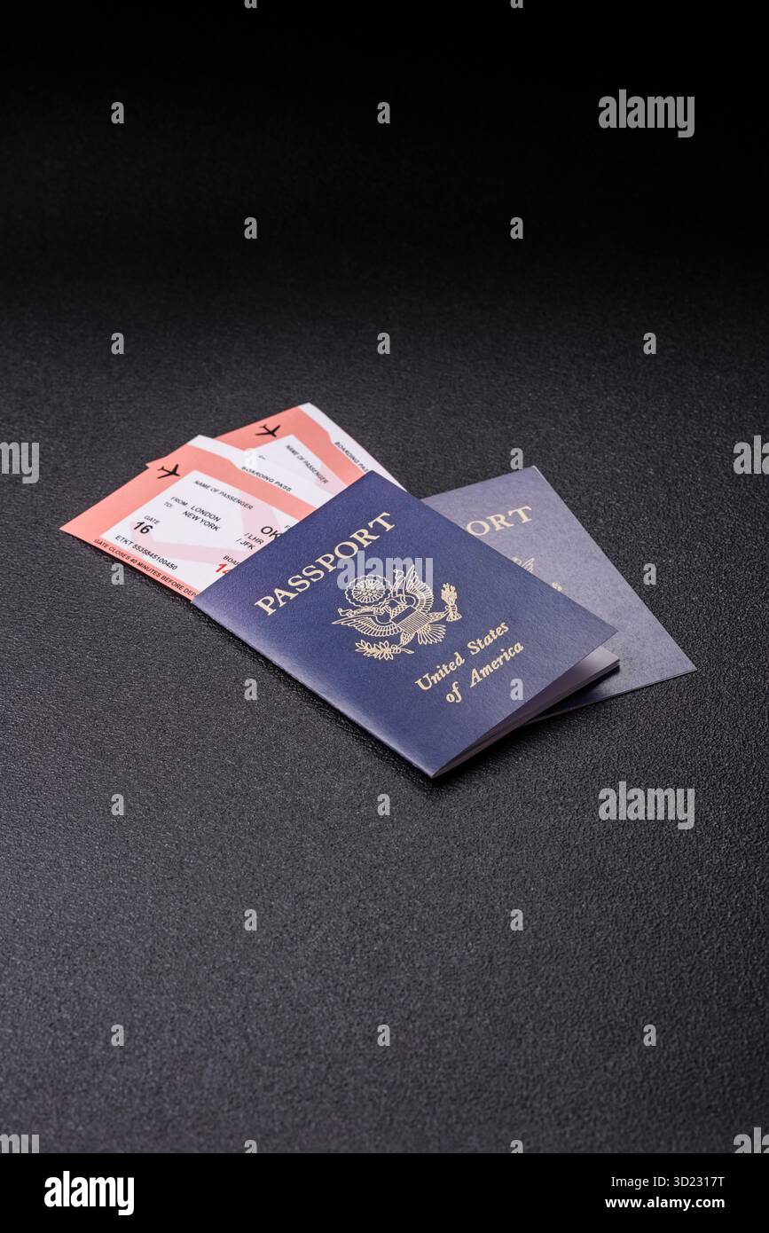 US passport or id document with tickets for flight, travel, border ...