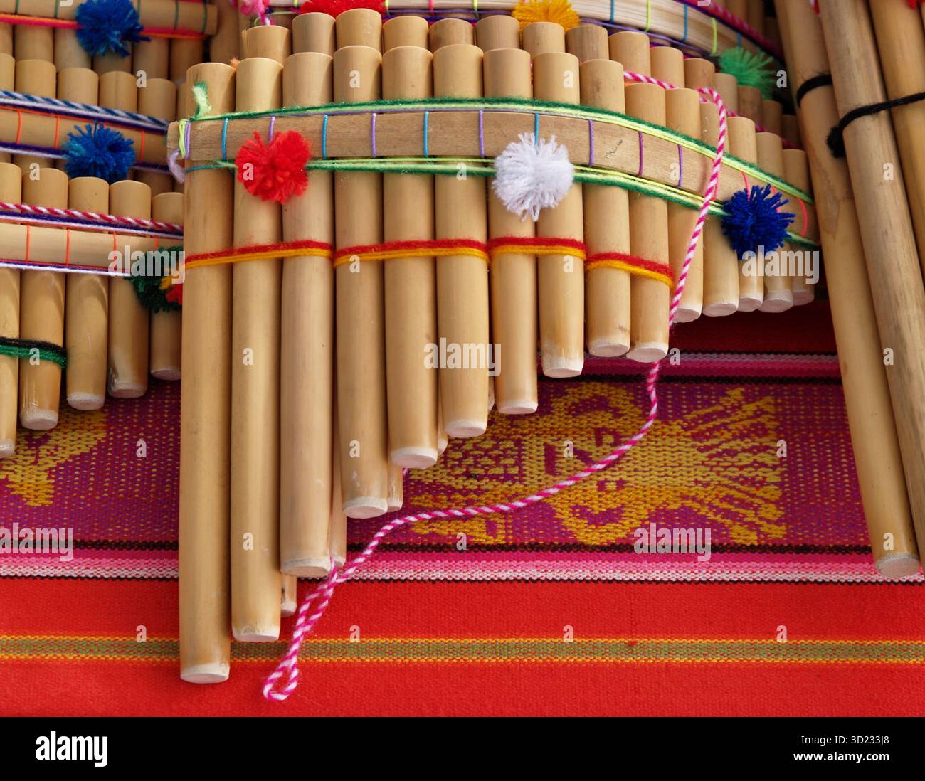 Traditional Andean panpipes, also known as zampoñas, handcrafted with ...