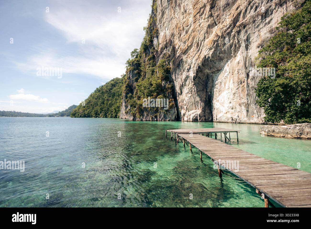 A wooden pier extends into clear turquoise water beneath a towering ...