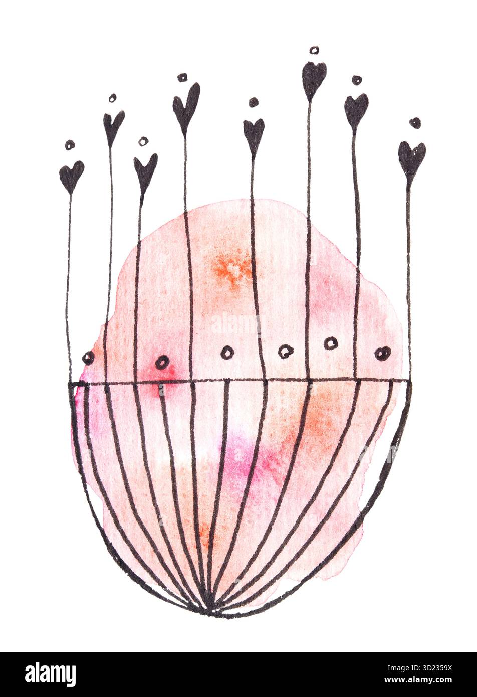 Abstract watercolor sphere with heart-stem designs and black lines ...