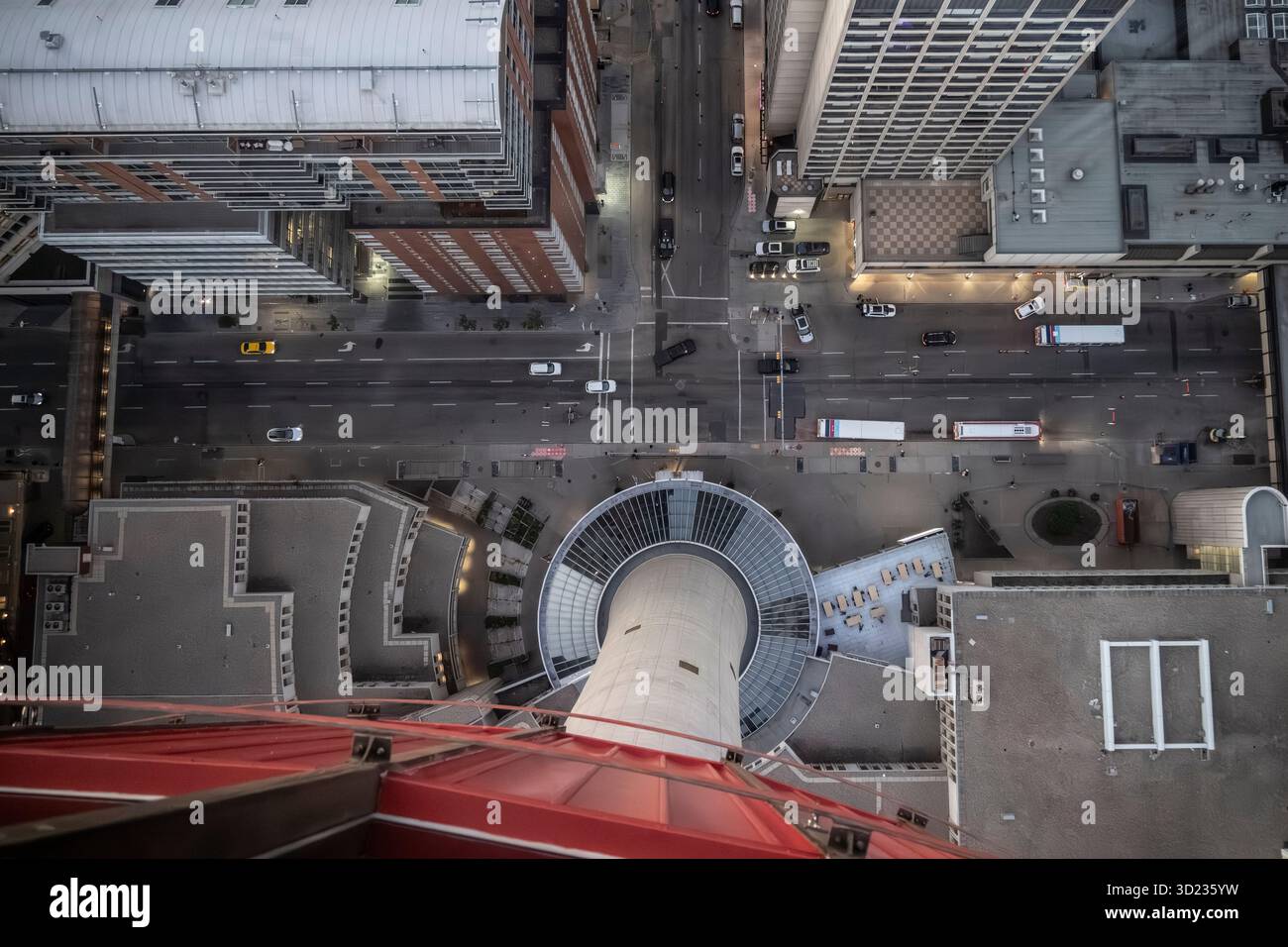 Aerial view of a bustling cityscape with tall buildings and busy ...