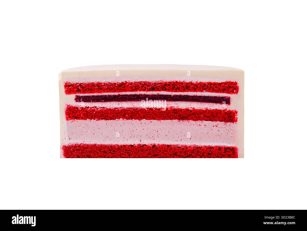 Layered red velvet cake features vibrant red layers with cream frosting ...