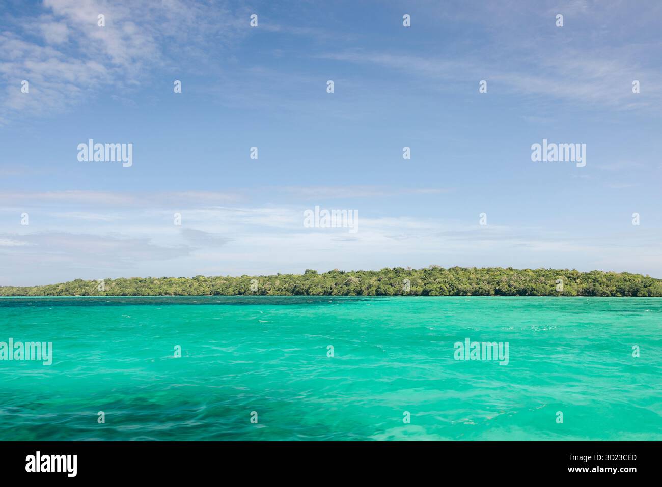 Vibrant turquoise sea with a dense green island under a clear blue sky ...