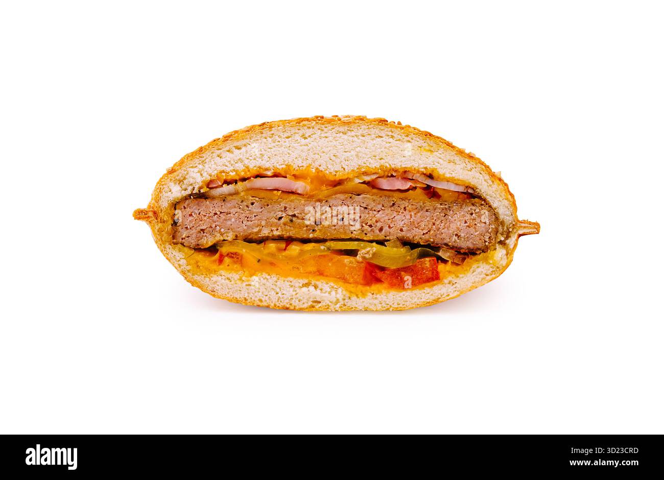 Savory hamburger showcasing layers of beef, cheese, and fresh ...