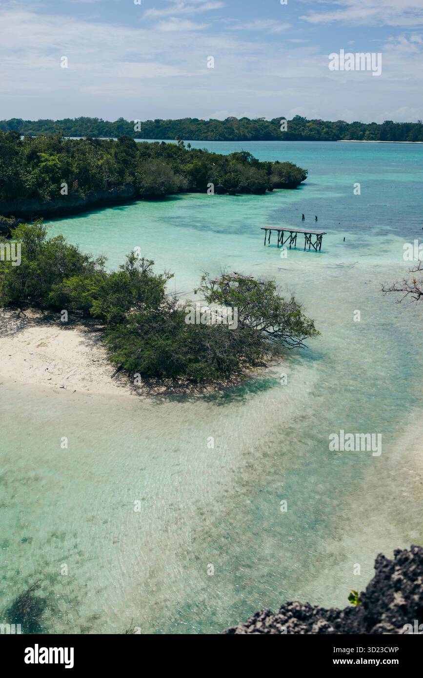 Aerial view of a tropical island with turquoise water and lush green ...
