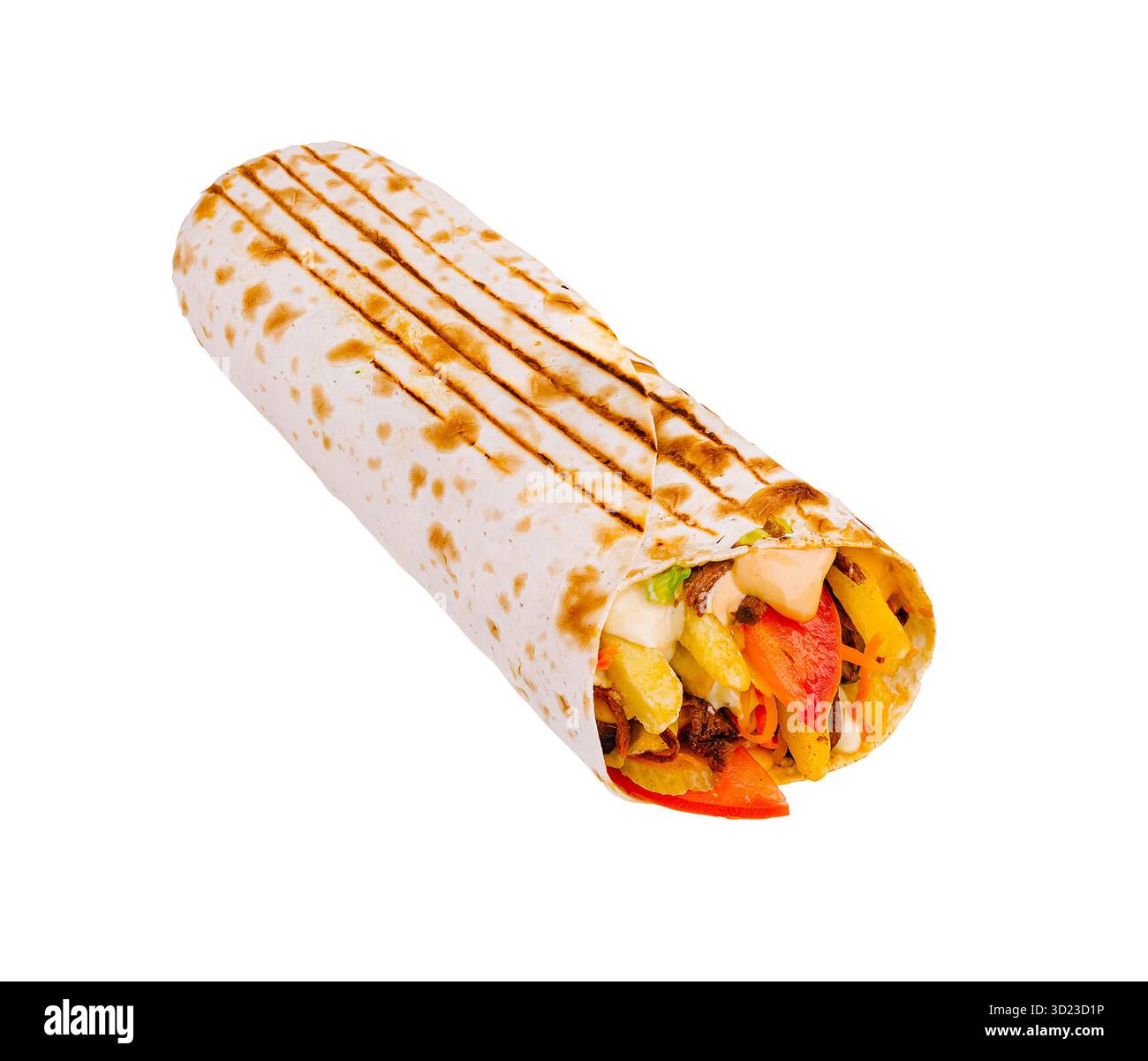 A flavorful wrap contains grilled meat, fresh vegetables, and spices ...