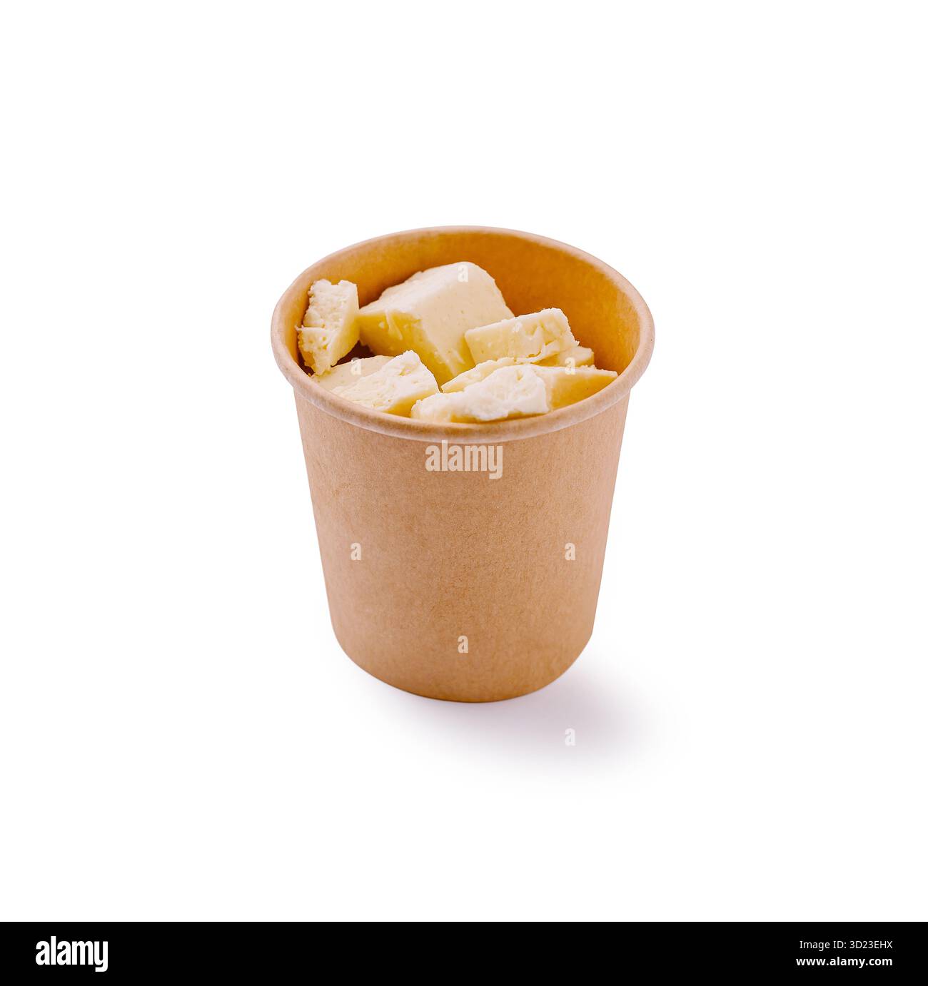 Cubes of fresh cheese served in an eco-friendly paper cup. Simple and ...
