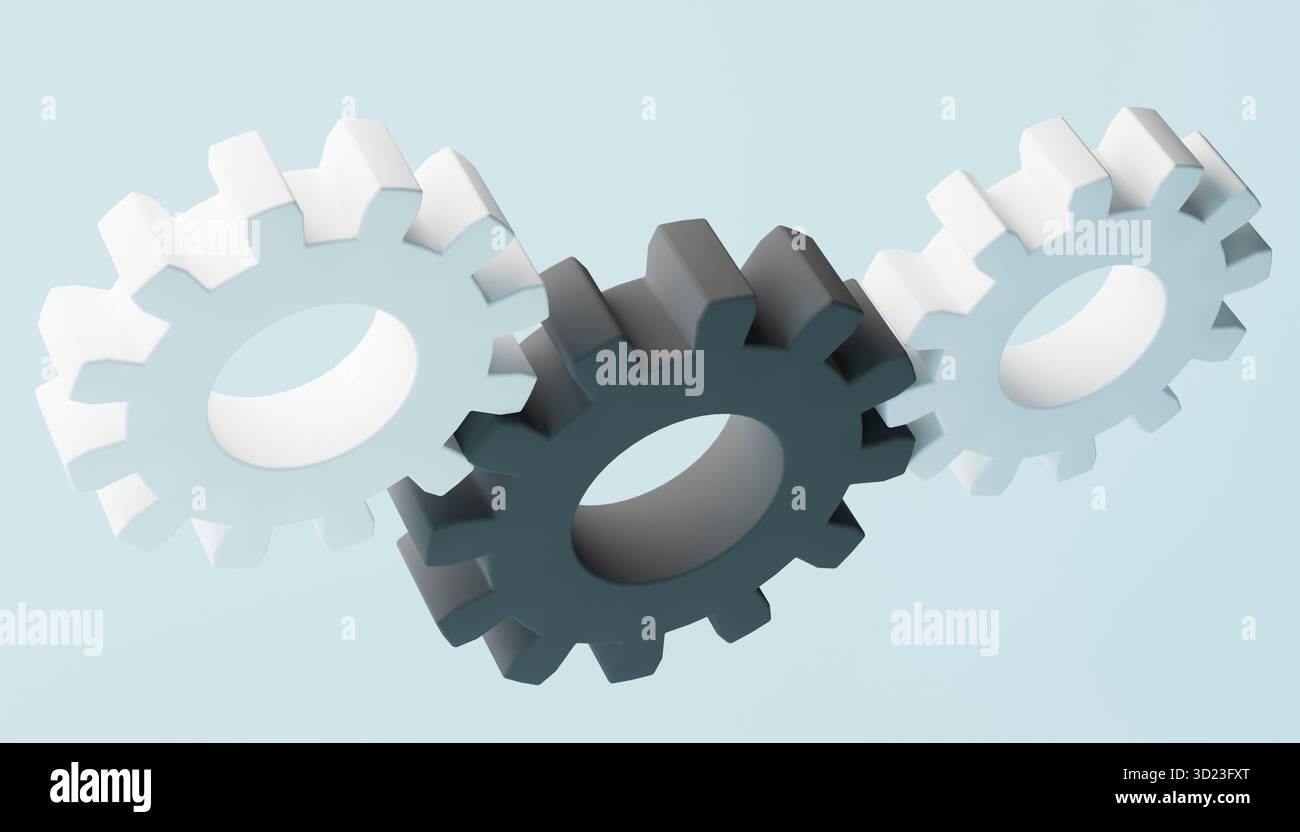 Three interlocking gears in white and black against a light blue ...