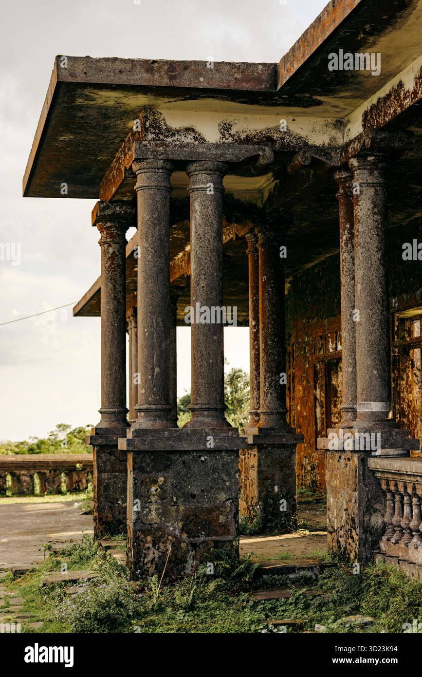 Weathered stone columns of an abandoned building with a mossy ...