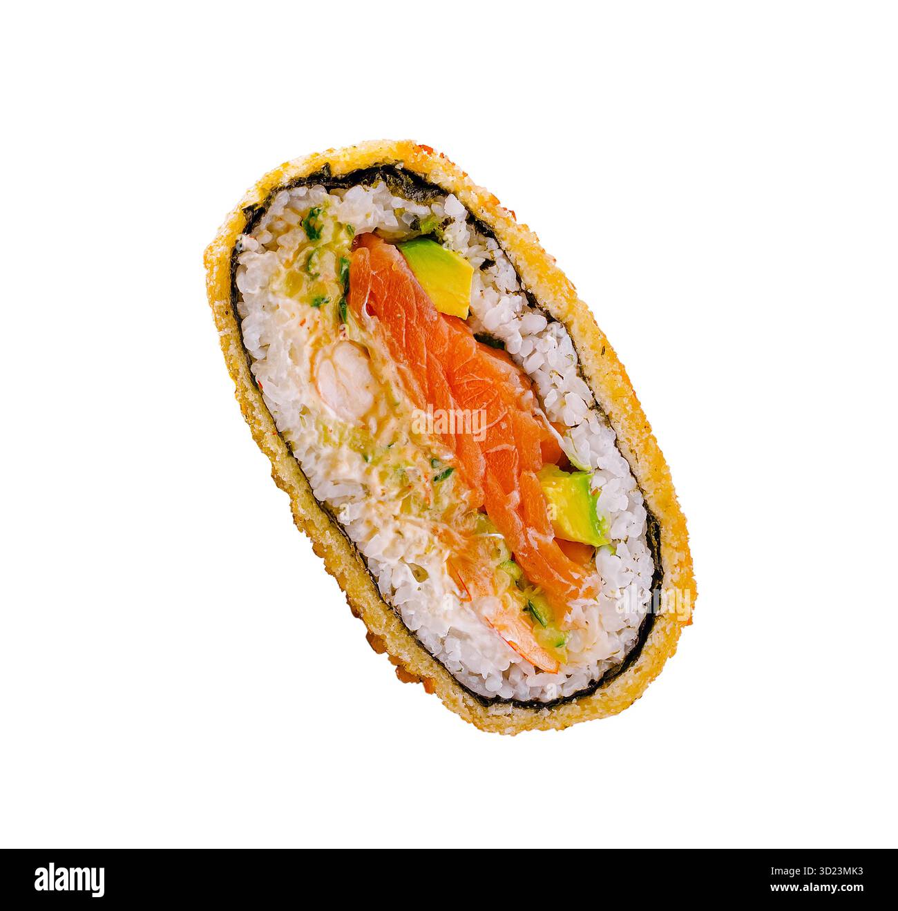 A sushi roll featuring fresh salmon and avocado is coated in a golden ...