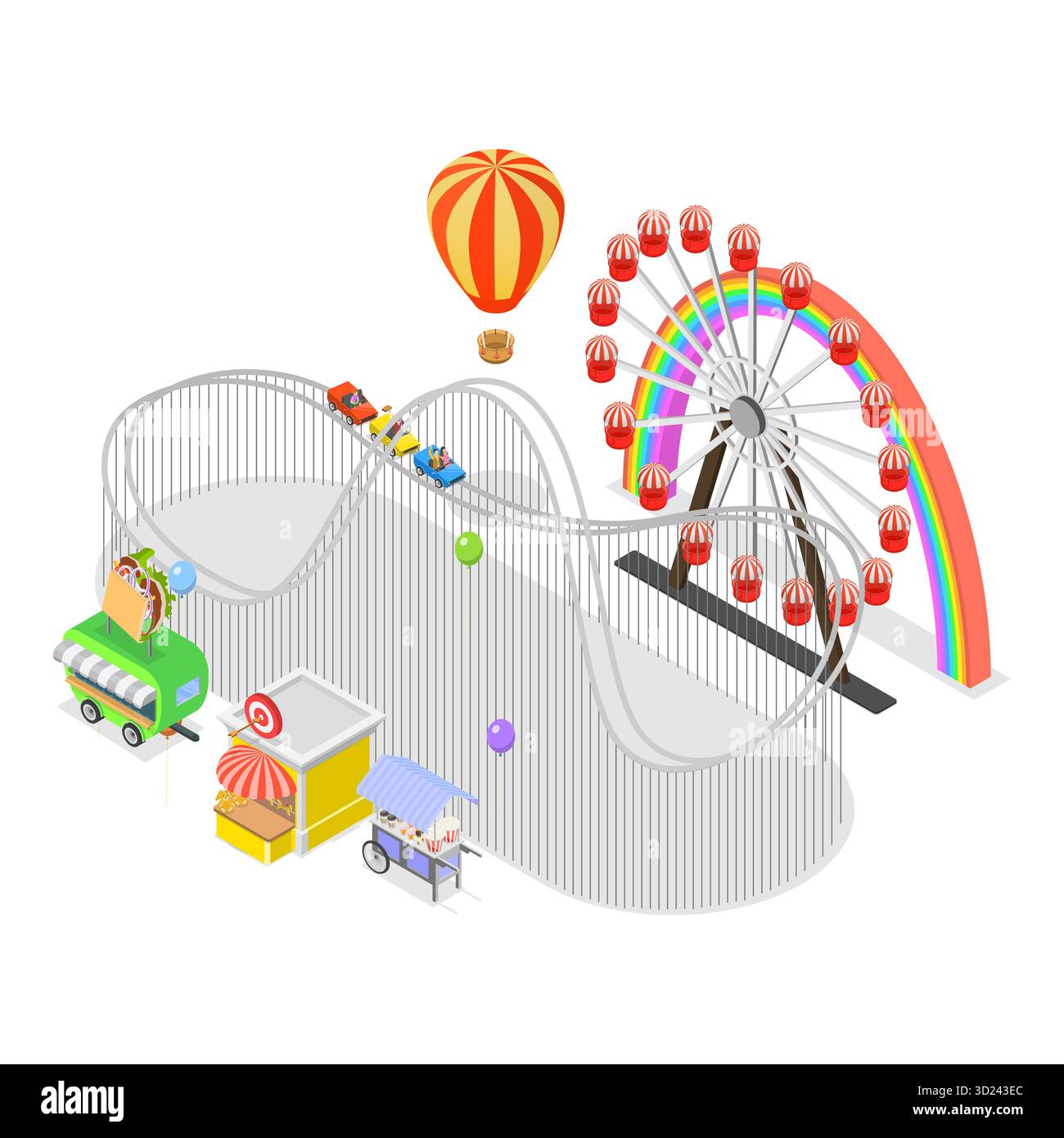 3D Isometric Flat Set of Amusement Parks, Observation Wheel, Roller ...