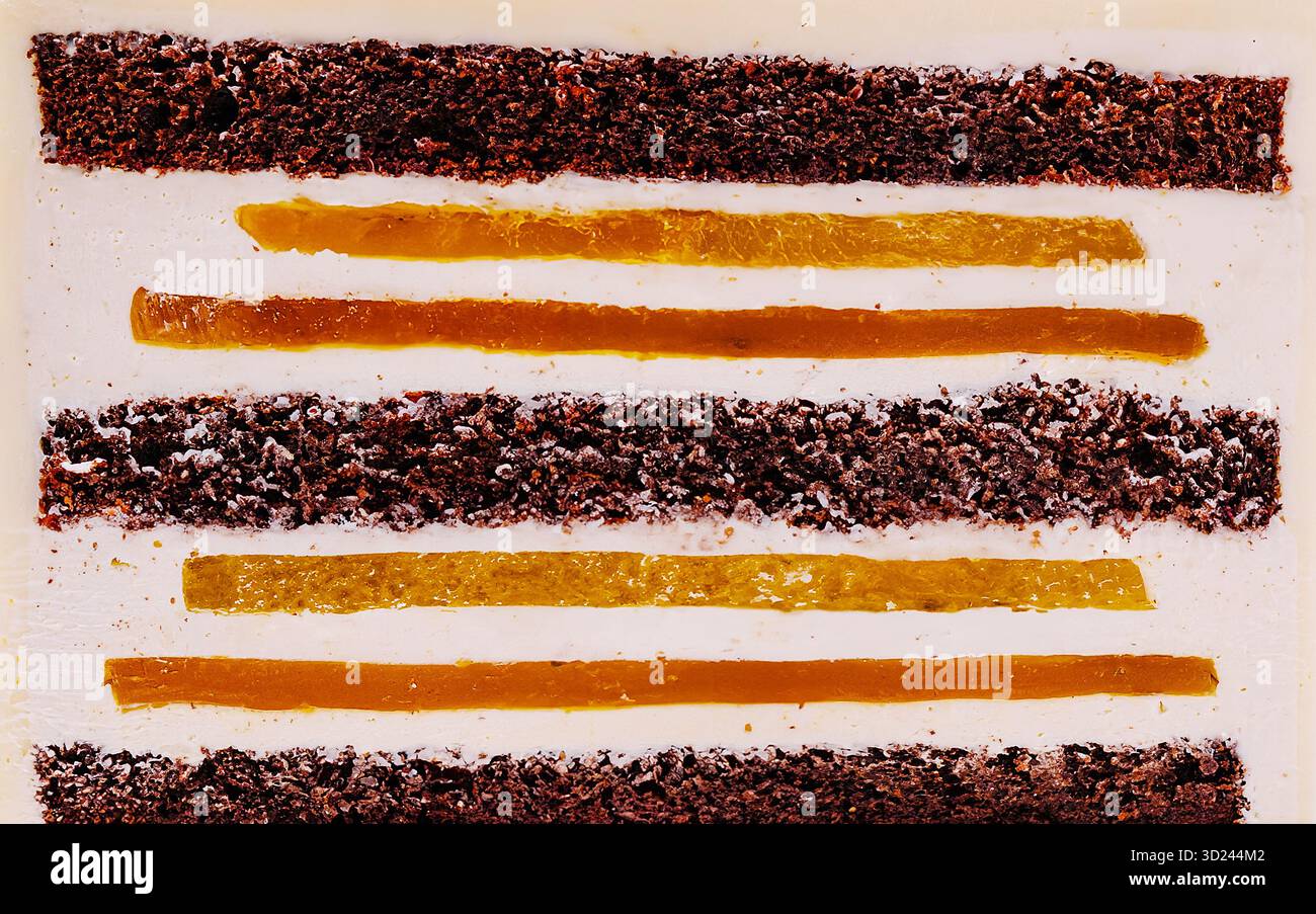 Layers of chocolate and fruit-flavored gel form a visually striking ...