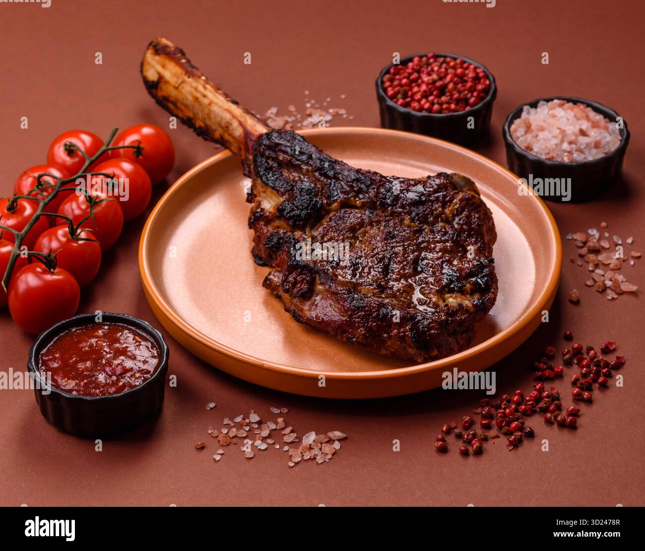 Grilled bone-in meat, beef tomahawk steak, juicy barbecued meat ...