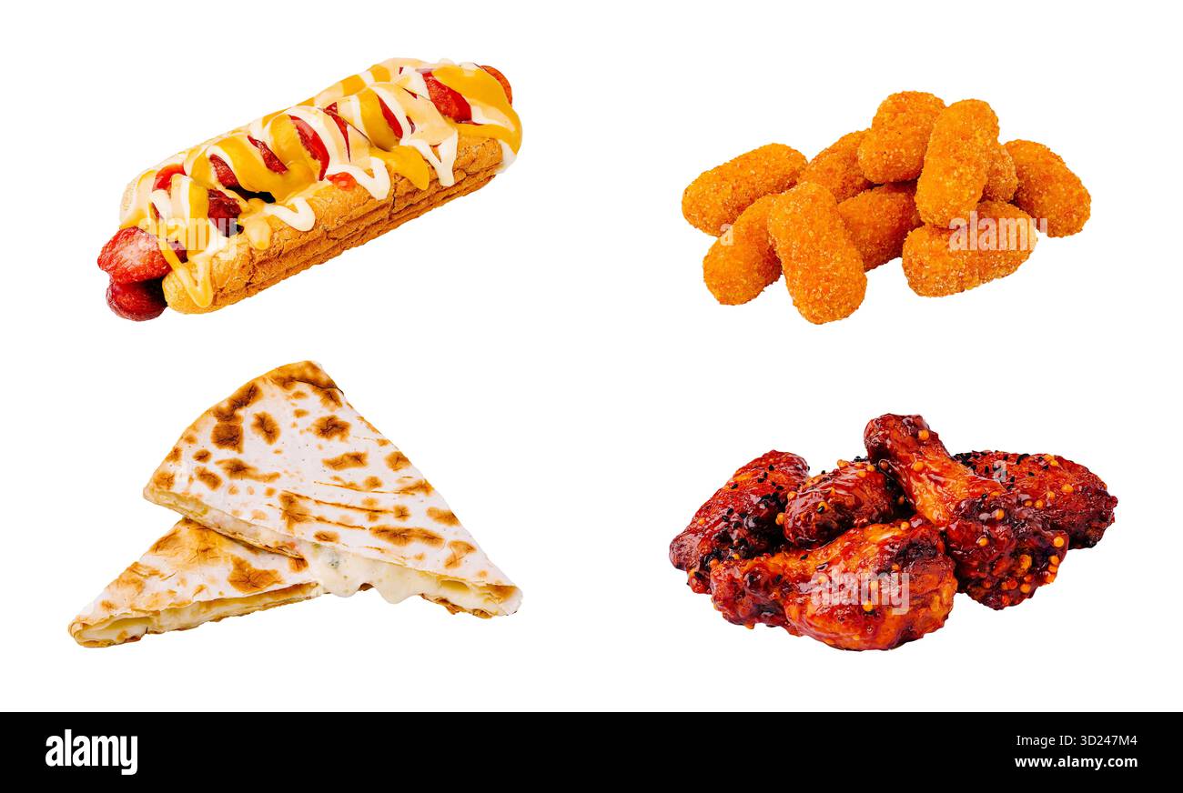 An assortment of tasty snack foods is displayed, featuring hot dogs ...