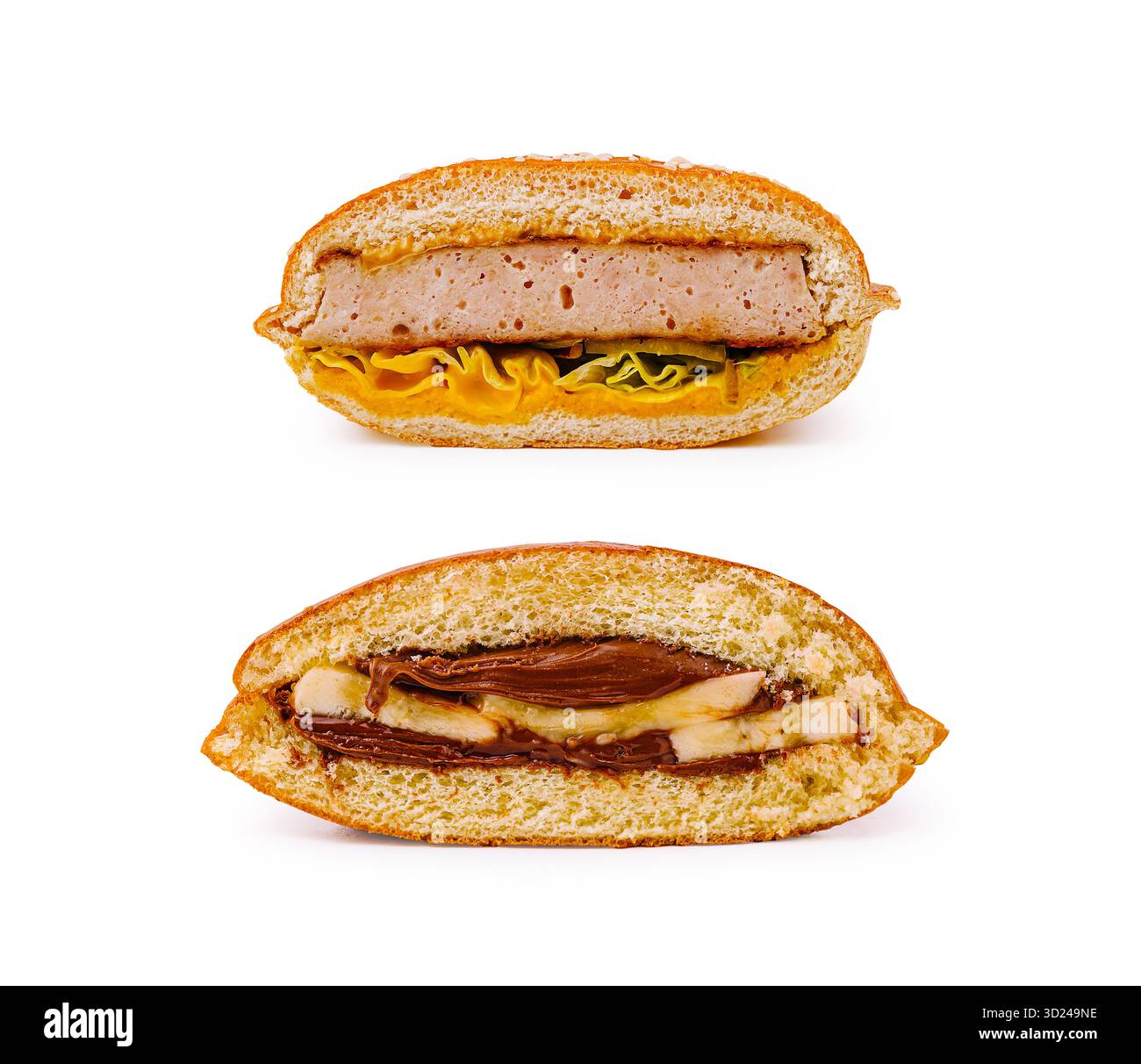 A sweet bread bun is sliced in half, revealing rich chocolate spread ...