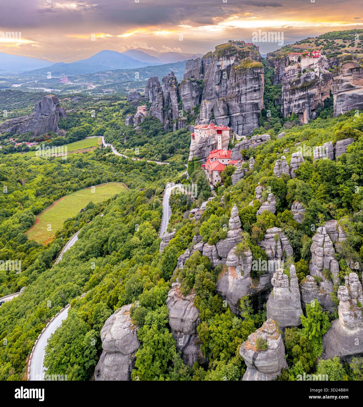 Aerial view of sandstone pillars topped with monasteries piercing the ...