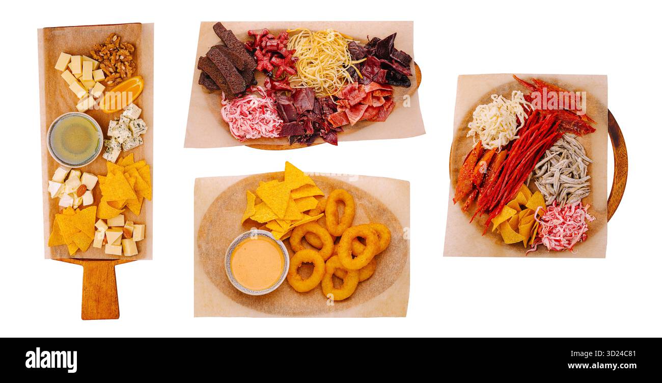 An array of four vibrant platters showcasing different snacks including ...