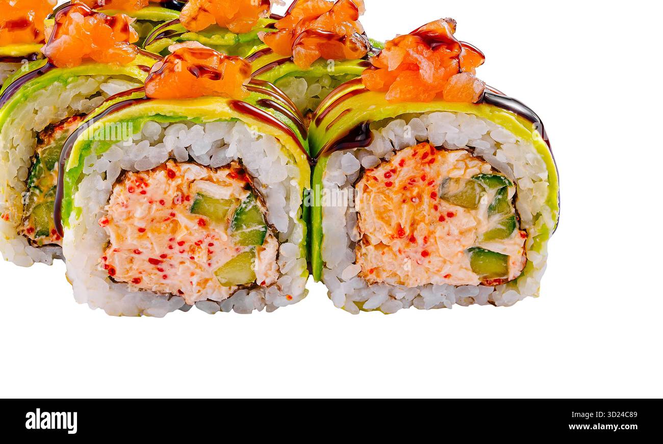Sushi rolls with salmon, avocado, rice and nori decorated with yellow ...