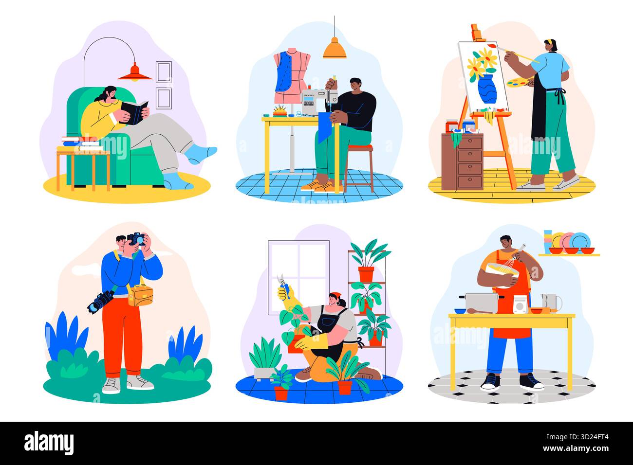 Set of six people practicing hobbies in stylized indoor and outdoor ...