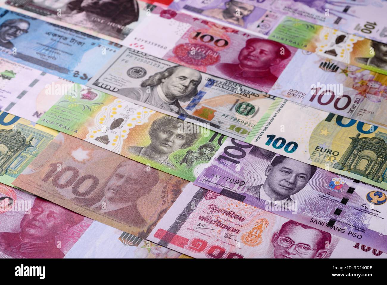 Paper money, banknotes of different countries in several denominations ...