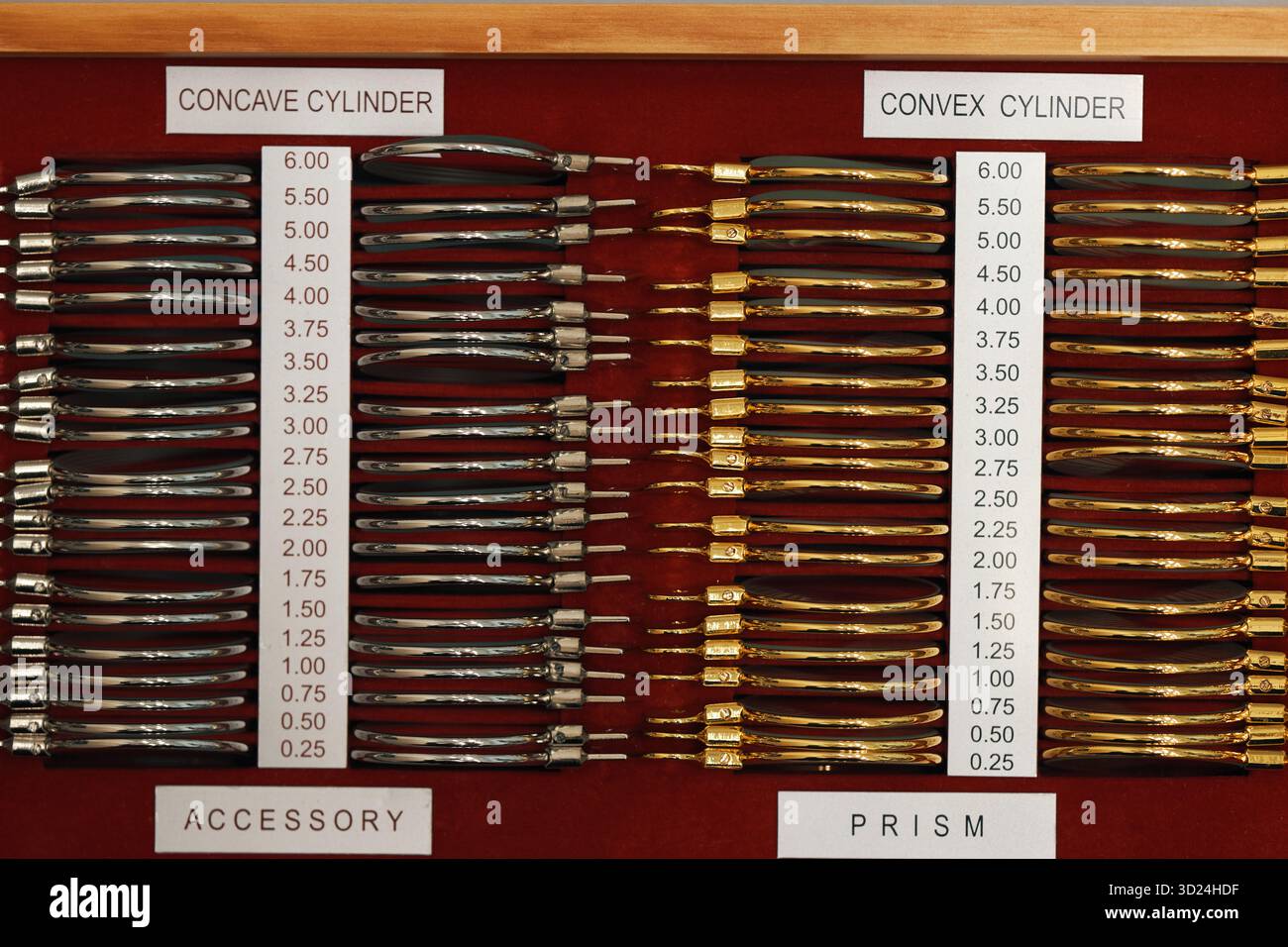 Optometry trial lens set displaying organized rows of concave and ...