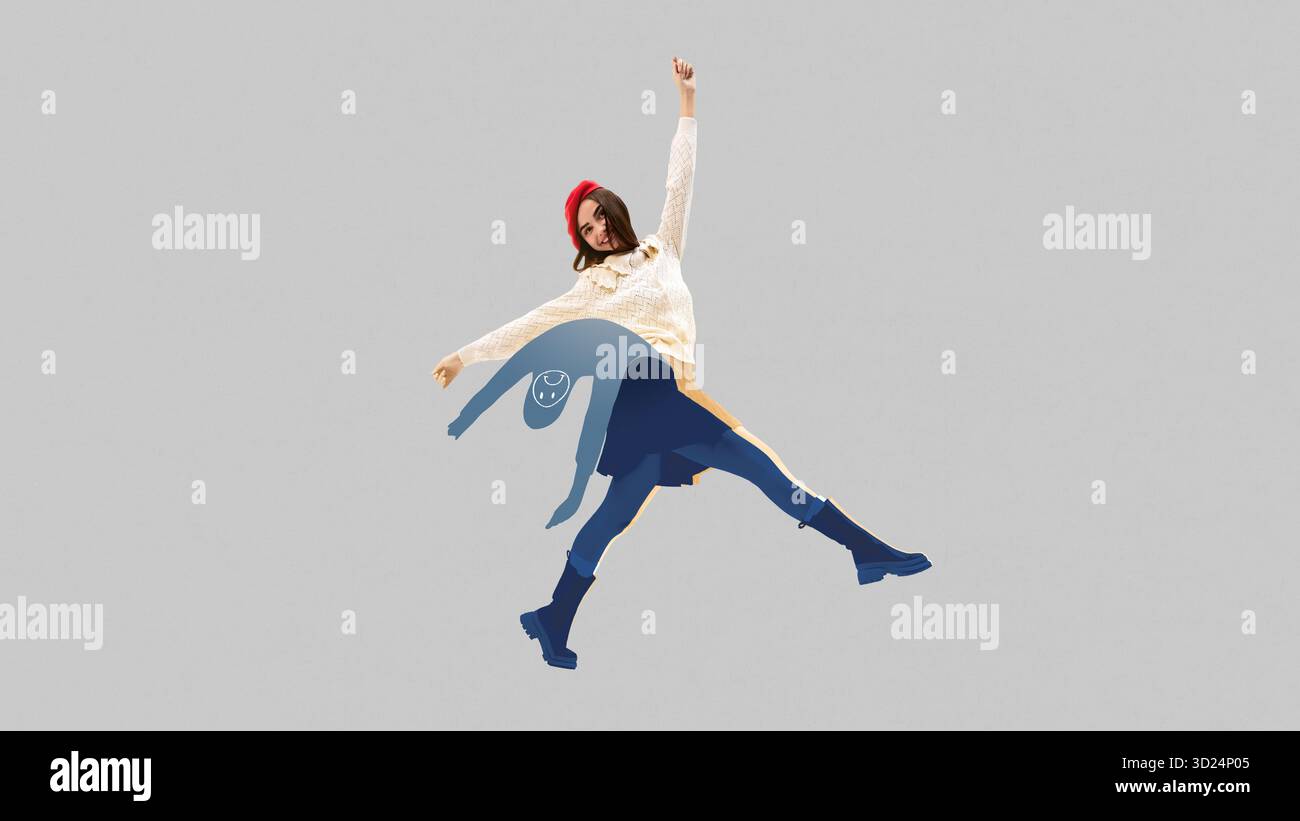 Abstract collage art. Happy woman jumping forward with sad shadow ...