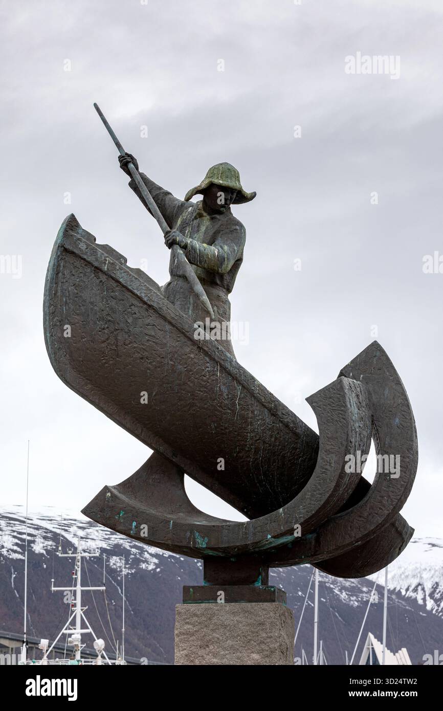 Tromso, the Arctic Hunter monument in harbour, Fangstmonument Stock ...