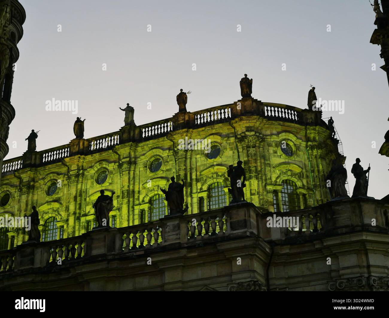 Dresden's Catholic Court Church with illuminated sculptures at night ...