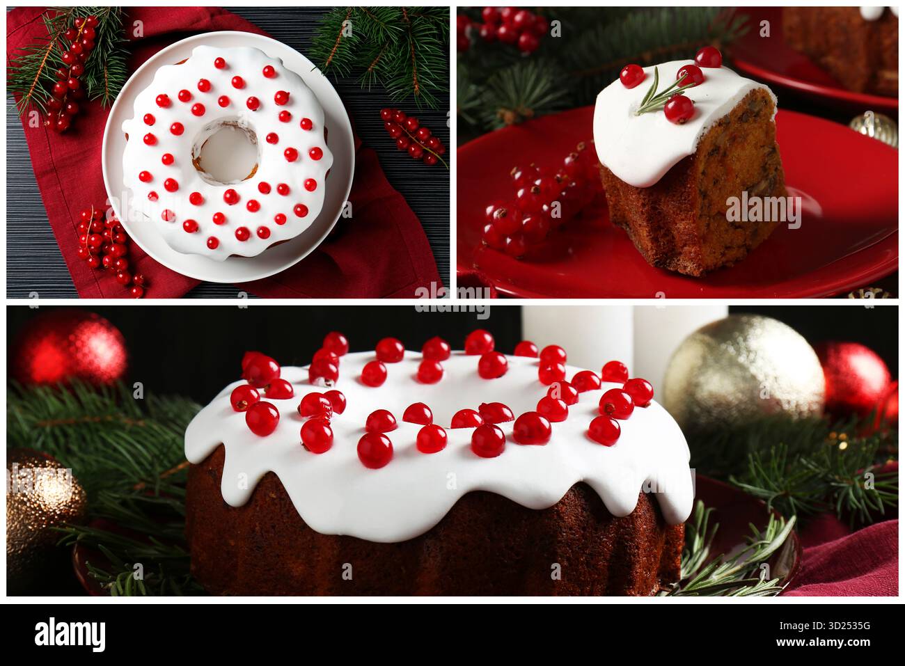 Christmas cake with icing and berries, collage. Holiday celebration ...