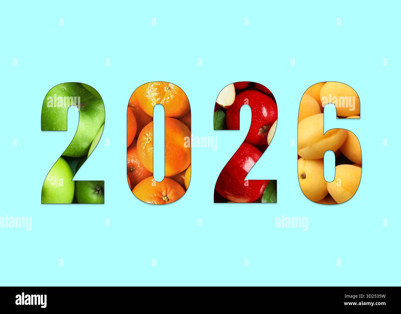 Numbers 2026 with fruits inside on light blue background. New Year card ...