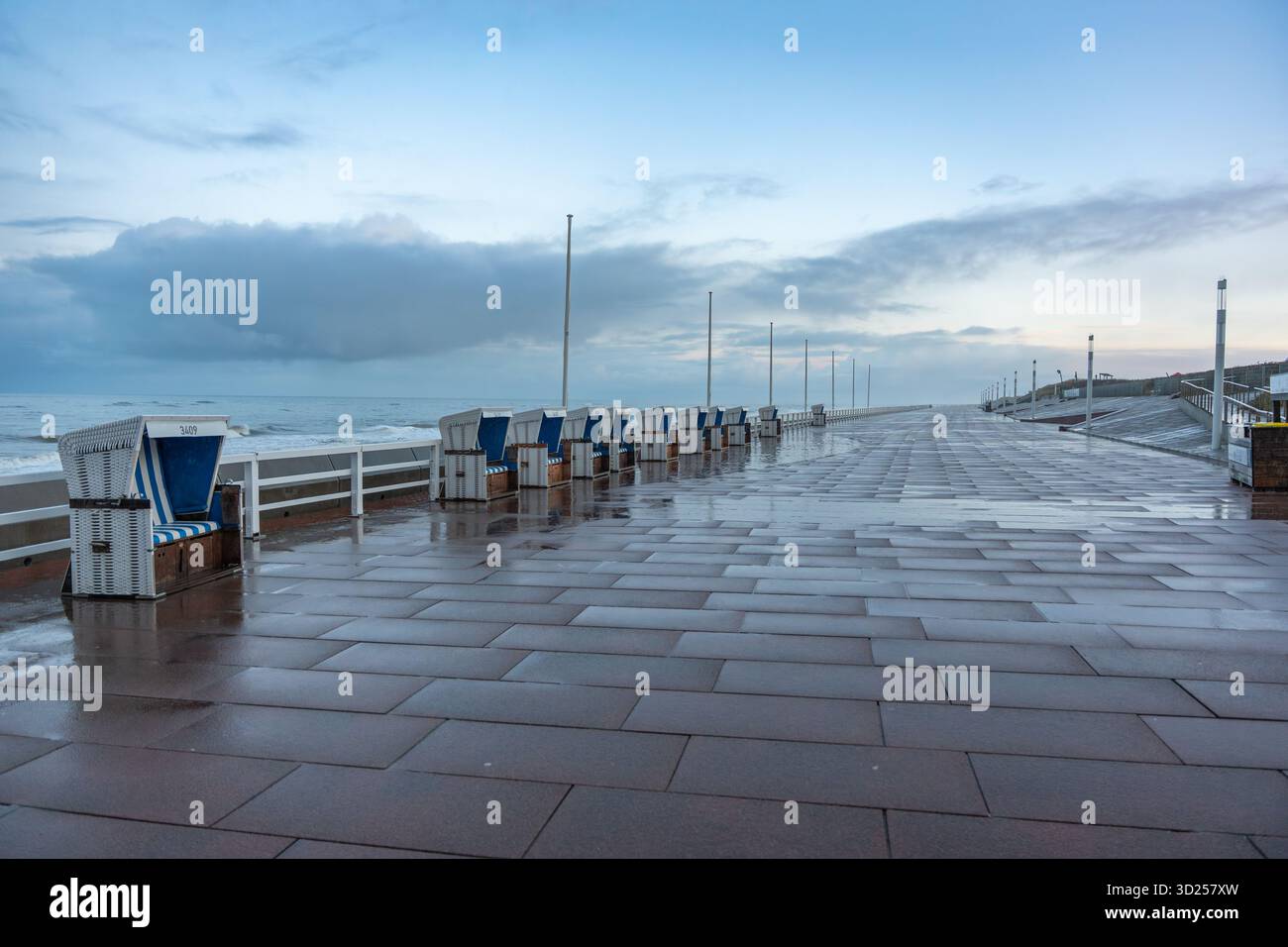 Seaside promenade after rain. Empty promenade with wet tiles and lined ...