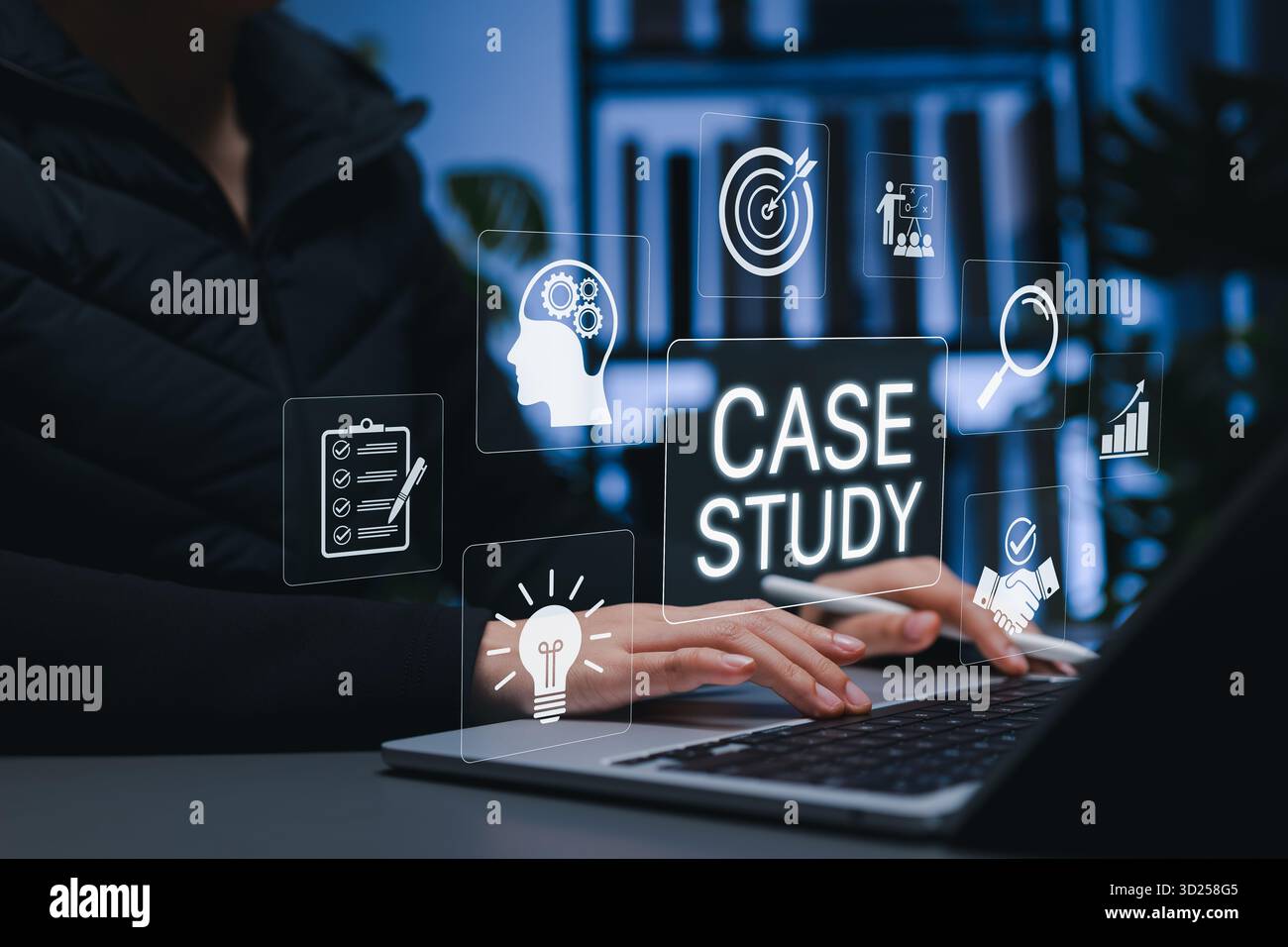 Case study analysis concept. Person using laptop with icons of ...
