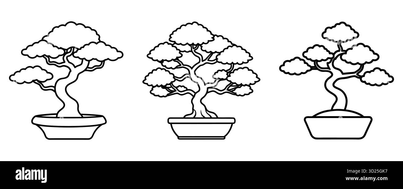 Traditional Japanese Bonsai Tree Outline Icons Set Stock Vector Image ...